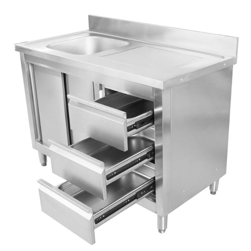 Meuble Plonge 1 Bac avec Dosseret et 3 Tiroirs - 1200 x 600 mm - Bac à Gauche - Dynasteel ...