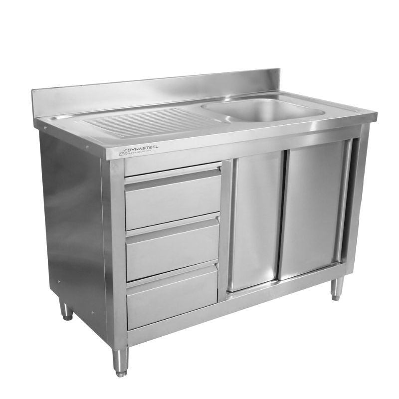 Meuble Plonge 1 Bac avec Dosseret et 3 Tiroirs - 1200 x 600 mm - Bac à Droite - Dynasteel ...