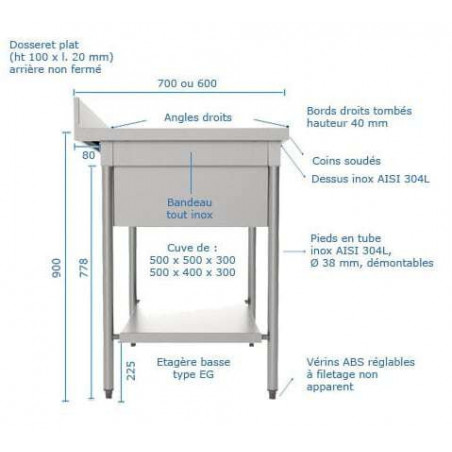 Plonge 1 Bac et Egouttoir à Gauche avec Cache Cuve - Série 700 - L 1200 mm - Fourniresto