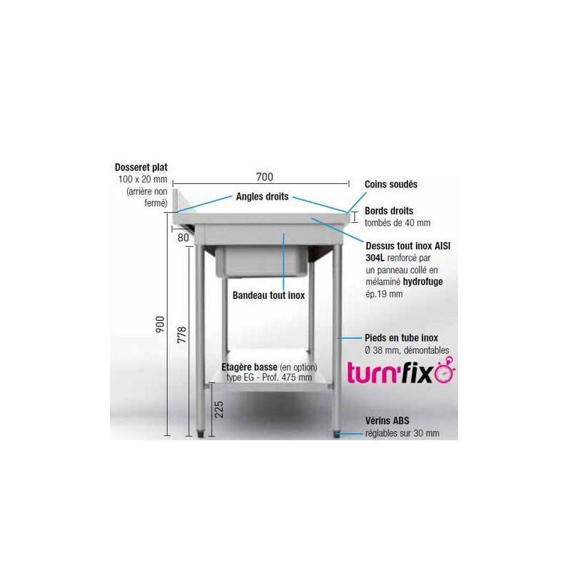 Table du Chef avec Cuve à Droite et Etagère - L 1200 mm - Fourniresto