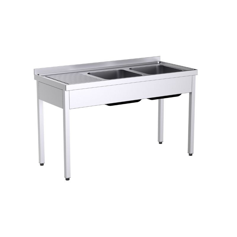 Plonge 1 Bac et Egouttoir à Gauche avec Cache-Cuve et Etagère Pleine - P 700 - L 1400 mm ...